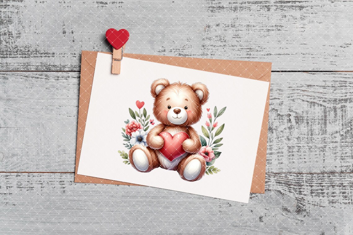 Watercolor Valentines Teddy Bear Clipart, 18 PNG Valentines Day Clipart ...