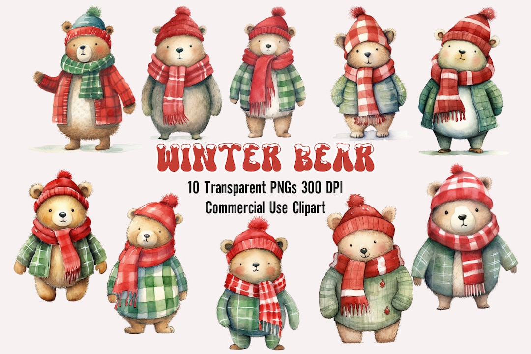 Winter Bears Clipart, Cute Bear Clipart, Watercolor Bears,christmas ...