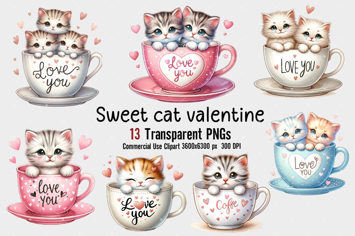 Cute Cat Valentine Clipart, Cup Coffee Png, Cat Clipart, Pet Valentine ...