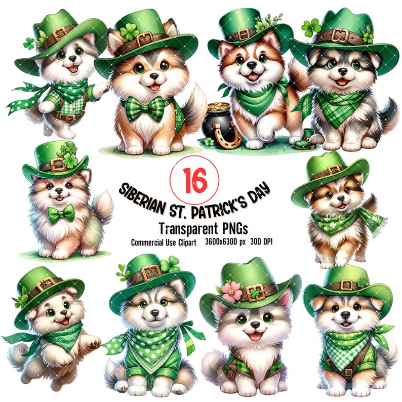 St Patricks Day Dog Clip Art, Siberian Husky ST Patrick Day Clipart ...