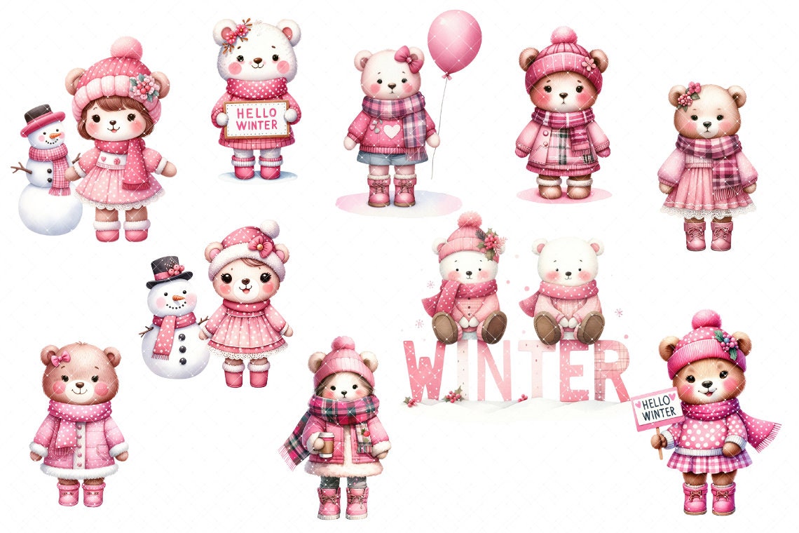 Watercolor Pink Teddy Bear Clipart, Winter Clipart , Baby Bear Clipart ...