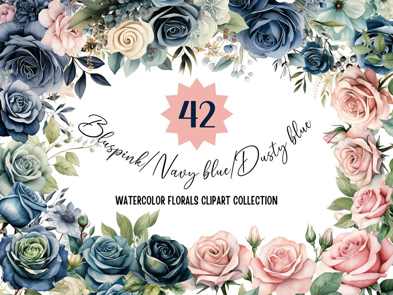 Blush Pink and Navy Blue Floral Clipart Collection, Watercolor Flower ...