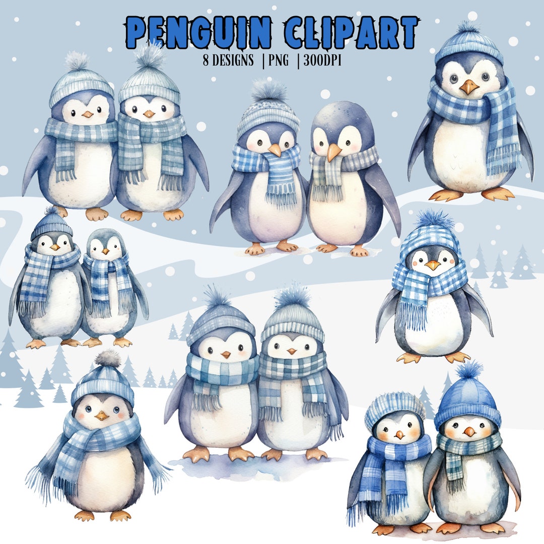 Winter Penguin Clipart Bundle, Watercolor Penguin Blue, Winter Penguin ...