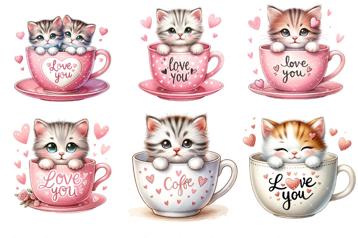 Cute Cat Valentine Clipart, Cup Coffee Png, Cat Clipart, Pet Valentine ...
