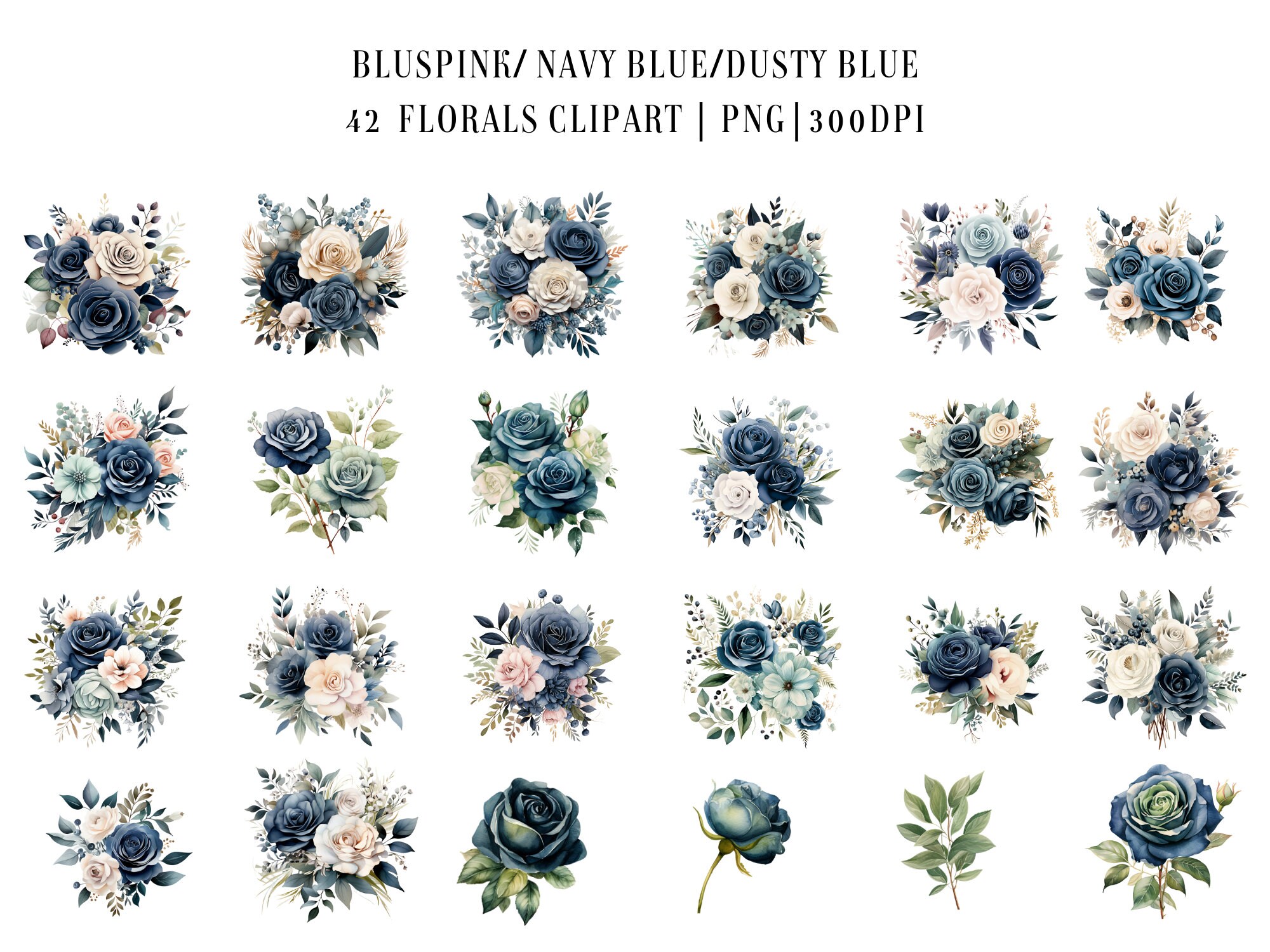 Blush Pink and Navy Blue Floral Clipart Collection, Watercolor Flower ...
