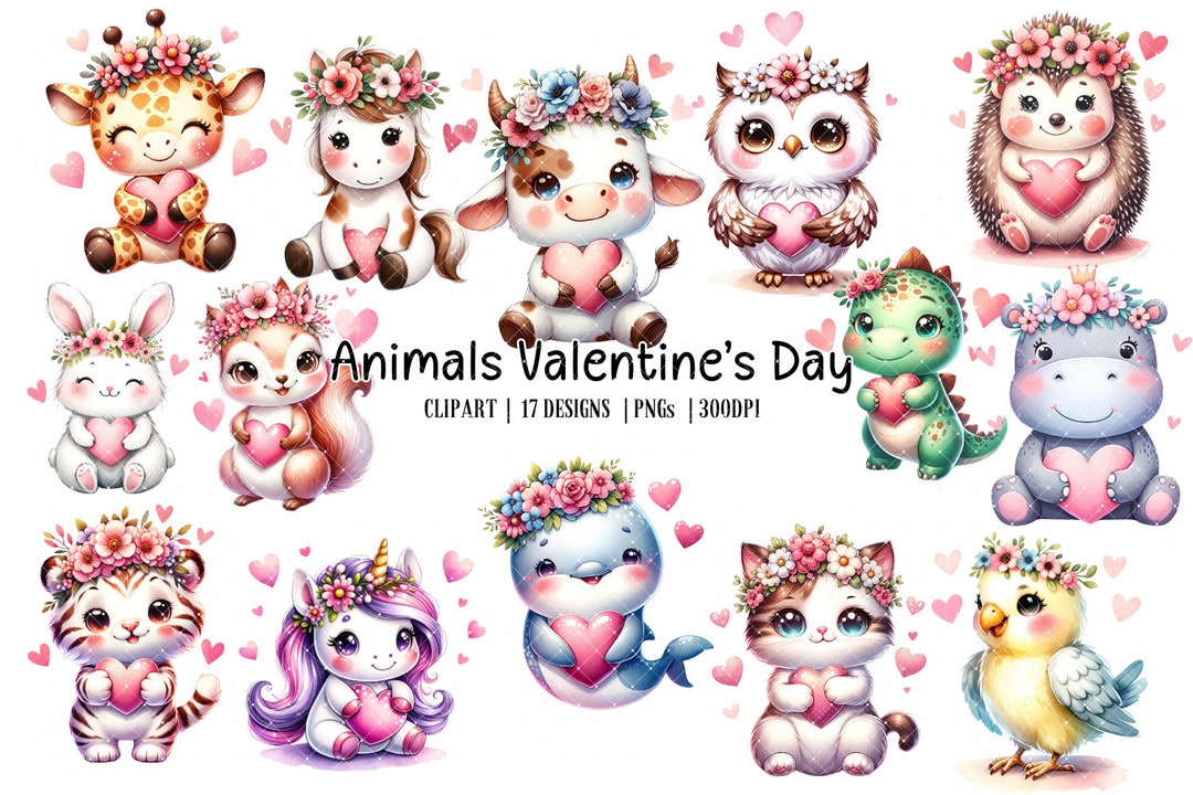 Watercolor Cute Animal Clipart, 17 PNG Valentines Day Clipart, Romantic ...