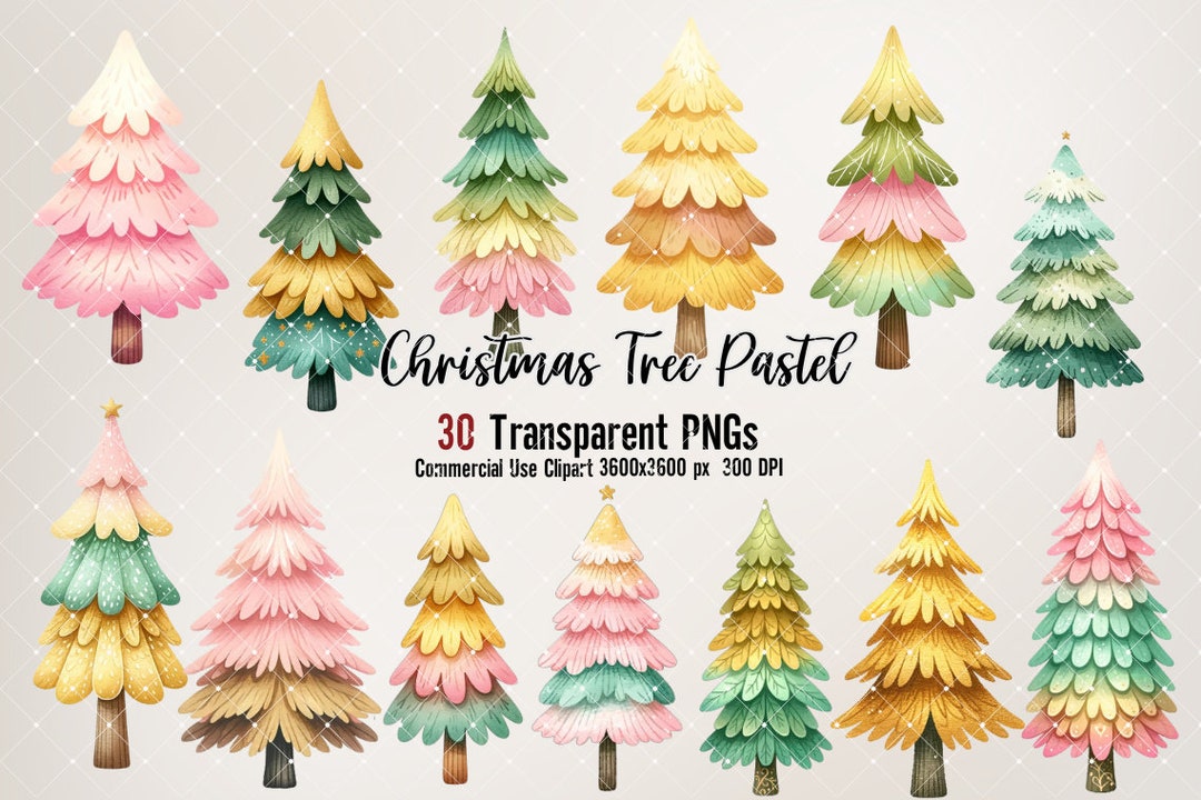 Pastel Christmas Tree Clipart, 30 PNG Cute Christmas Sublimation ...