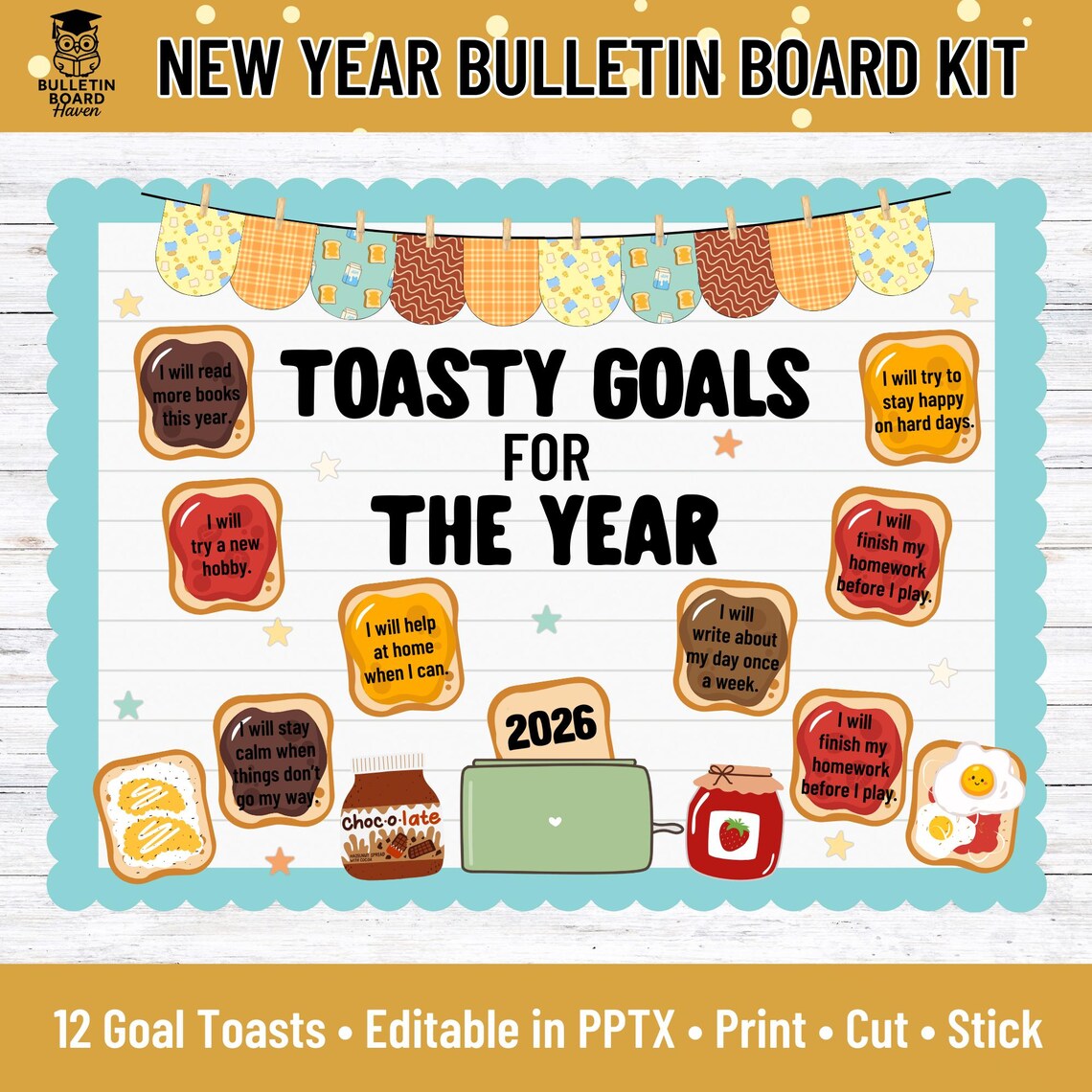New Year Bulletin Board Kit With Editable Goal Setting Toasts for ...