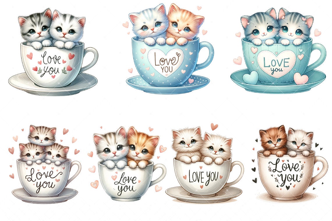 Cute Cat Valentine Clipart, Cup Coffee Png, Cat Clipart, Pet Valentine ...