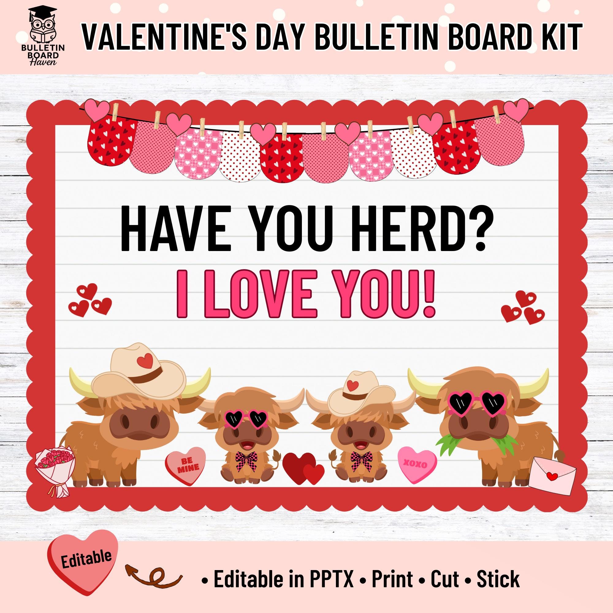 Highland Cow Valentine’s Day Bulletin Board Kit, Farmhouse Classroom ...