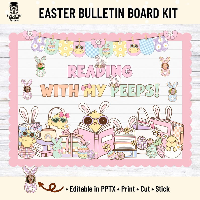 Easter Bulletin Board Kit Reading With My Peeps Library Decor Editable ...