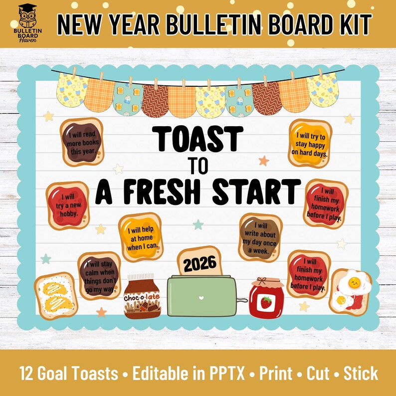 New Year Bulletin Board Kit With Editable Goal Setting Toasts for ...