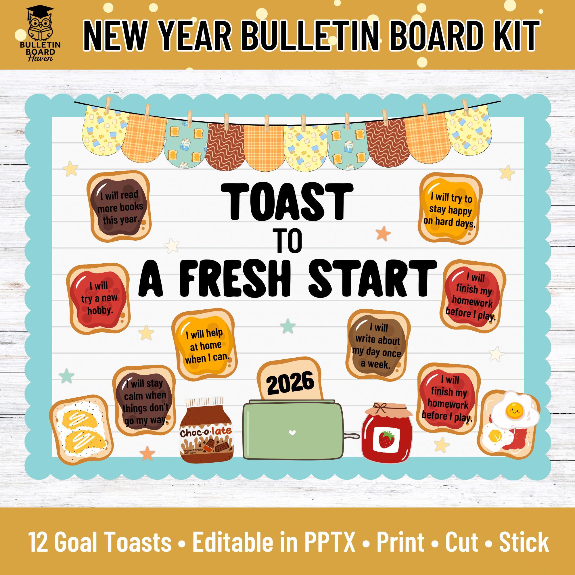 New Year Bulletin Board Kit With Editable Goal Setting Toasts for ...