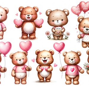 Watercolor Valentines Teddy Bear Clipart, 18 PNG Valentines Day Clipart ...