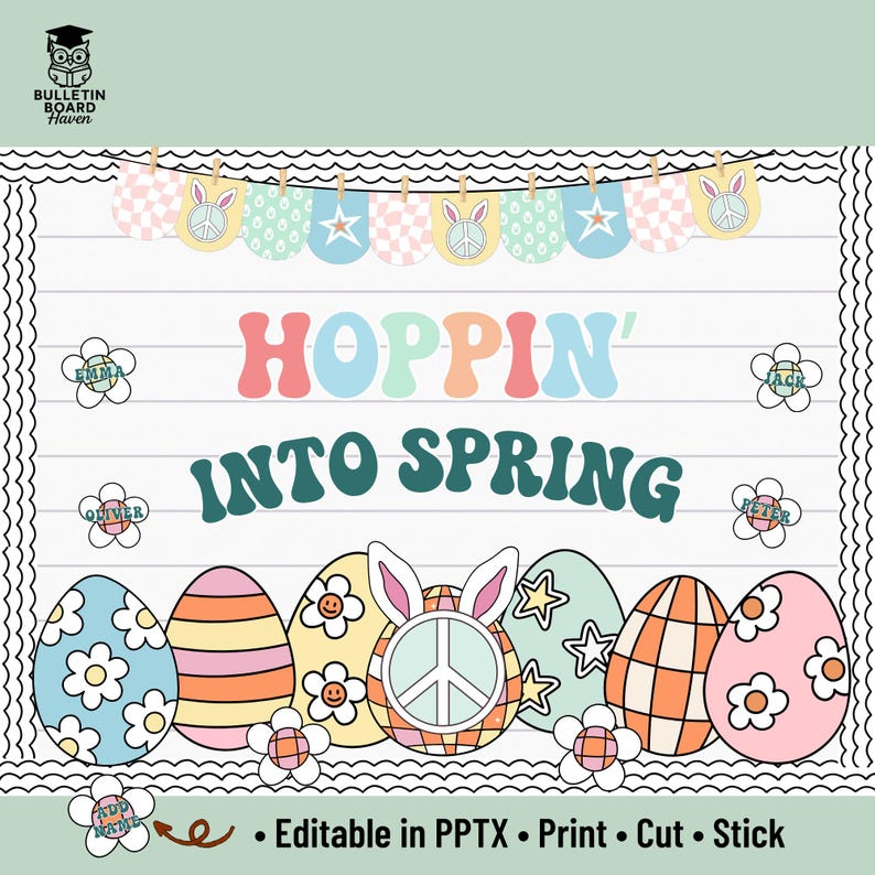 Retro Spring Bulletin Board Kit Groovy Easter Classroom Decor Editable ...