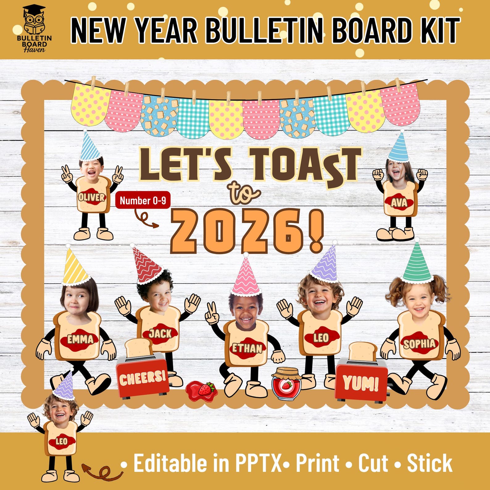 New Year Classroom Bulletin Board Kit With Editable Toast Theme Name ...