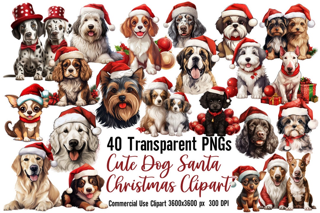 Christmas Dog Clipart, Watercolor Dog Clipart, Santa Clipart, Dog ...