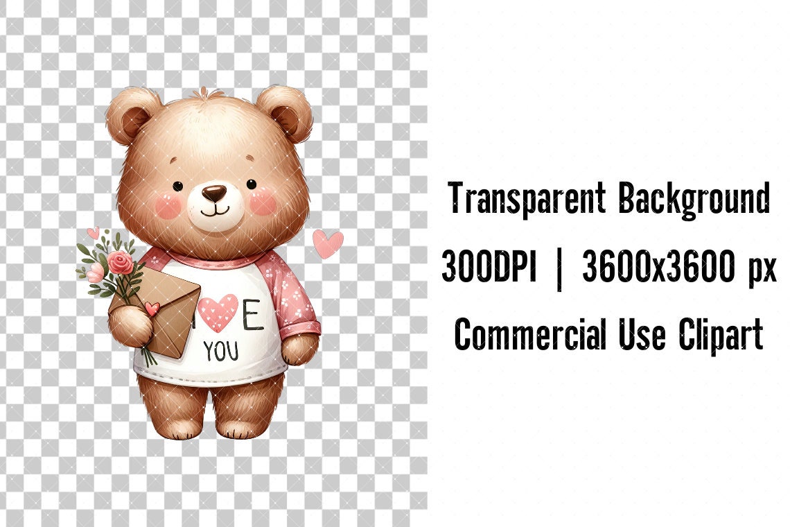 Watercolor Valentines Teddy Bear Clipart, 18 PNG Valentines Day Clipart ...