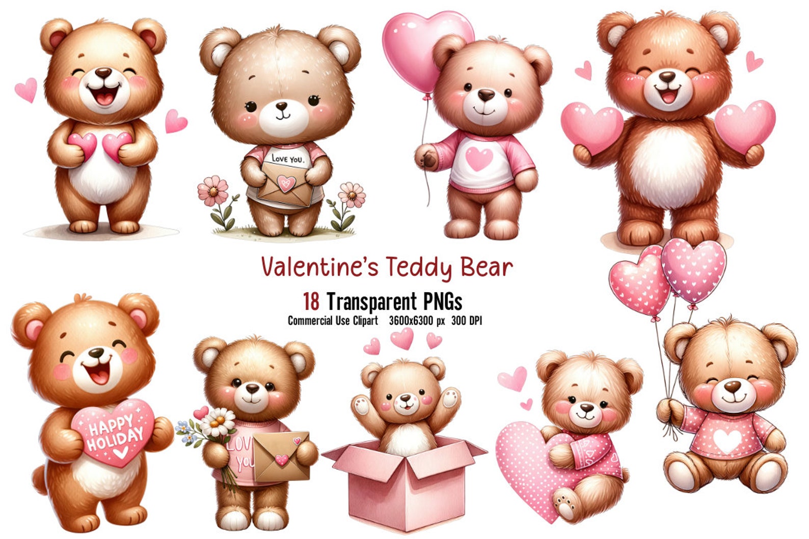 Watercolor Valentines Teddy Bear Clipart, 18 PNG Valentines Day Clipart ...