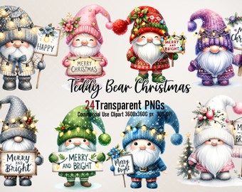 Watercolor Festive Gnomes Collection Clipart, 17 PNG Christmas Gnomes ...
