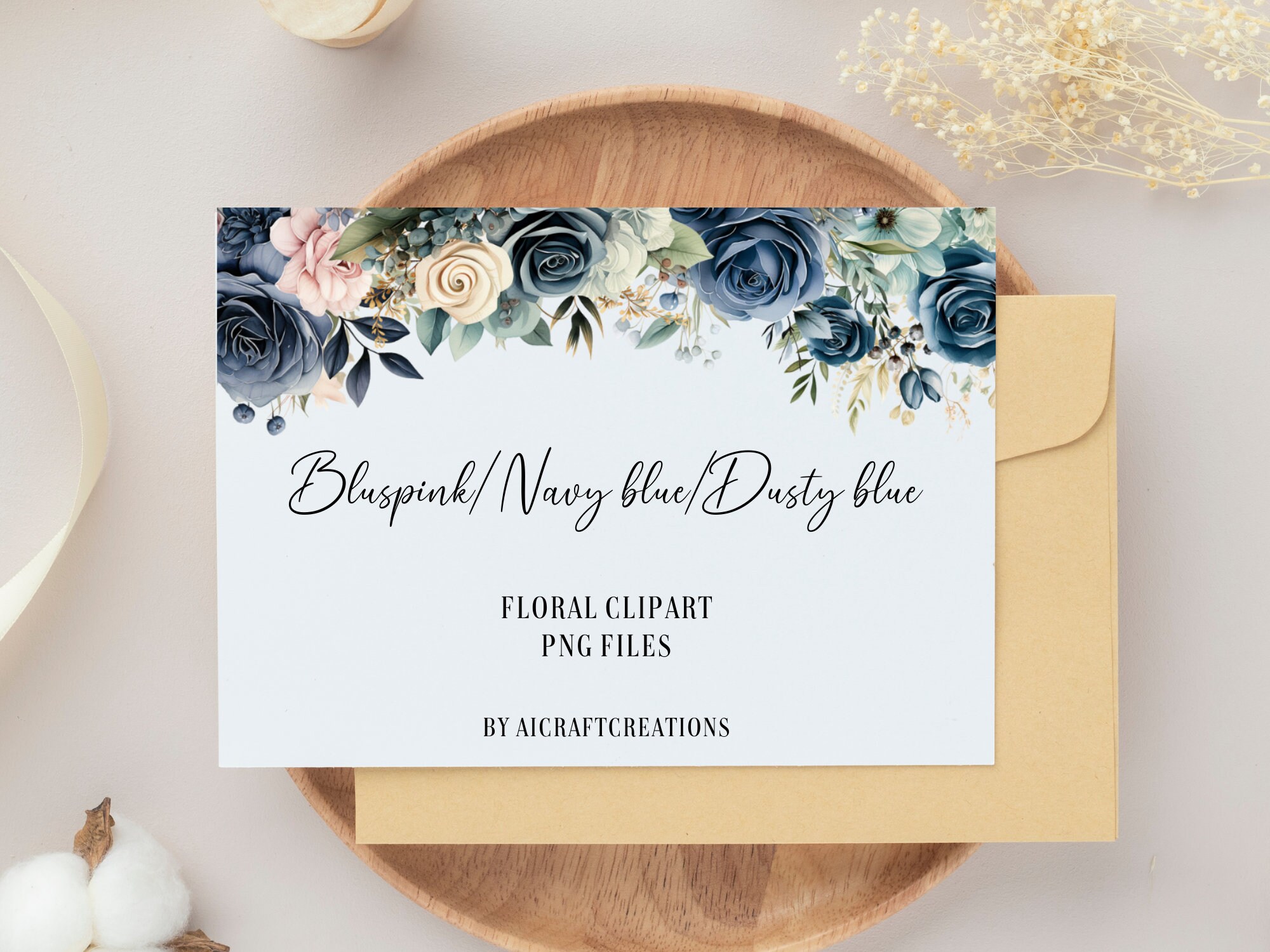 Blush Pink and Navy Blue Floral Clipart Collection, Watercolor Flower ...