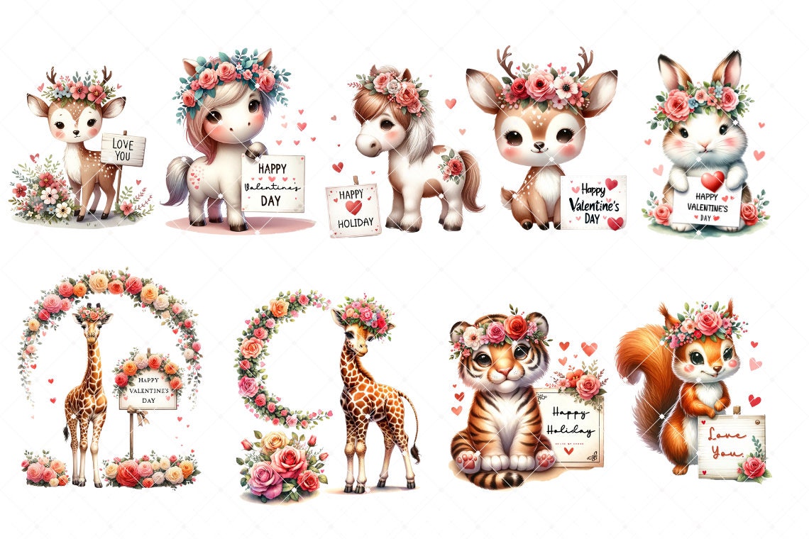 Watercolor Cute Animal Clipart, 20 PNG Valentines Day Clipart, Romantic ...