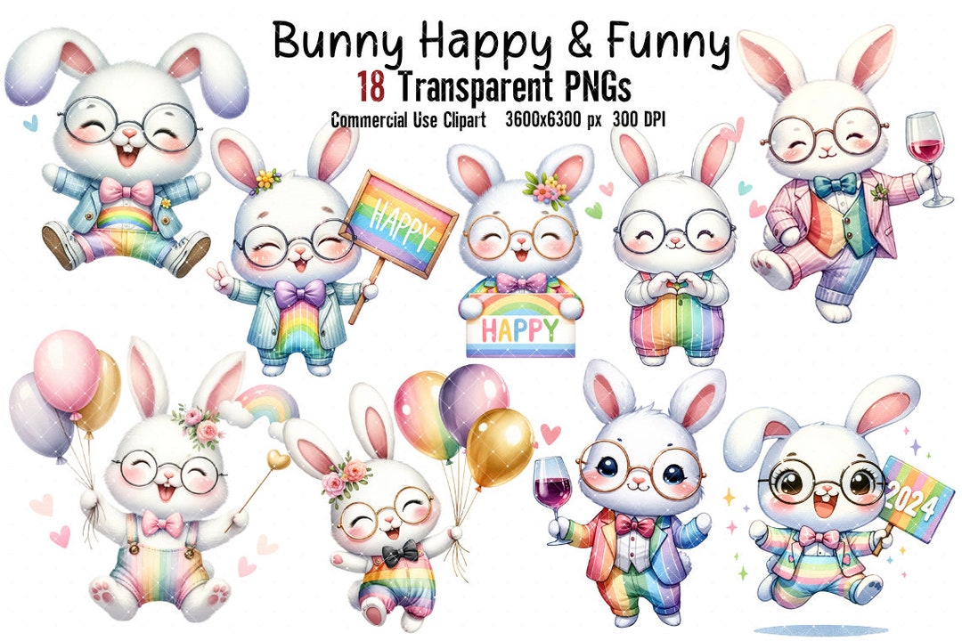 Rainbow Bunny Clipart, Funny Bunny Clipart, Transparent Background ...