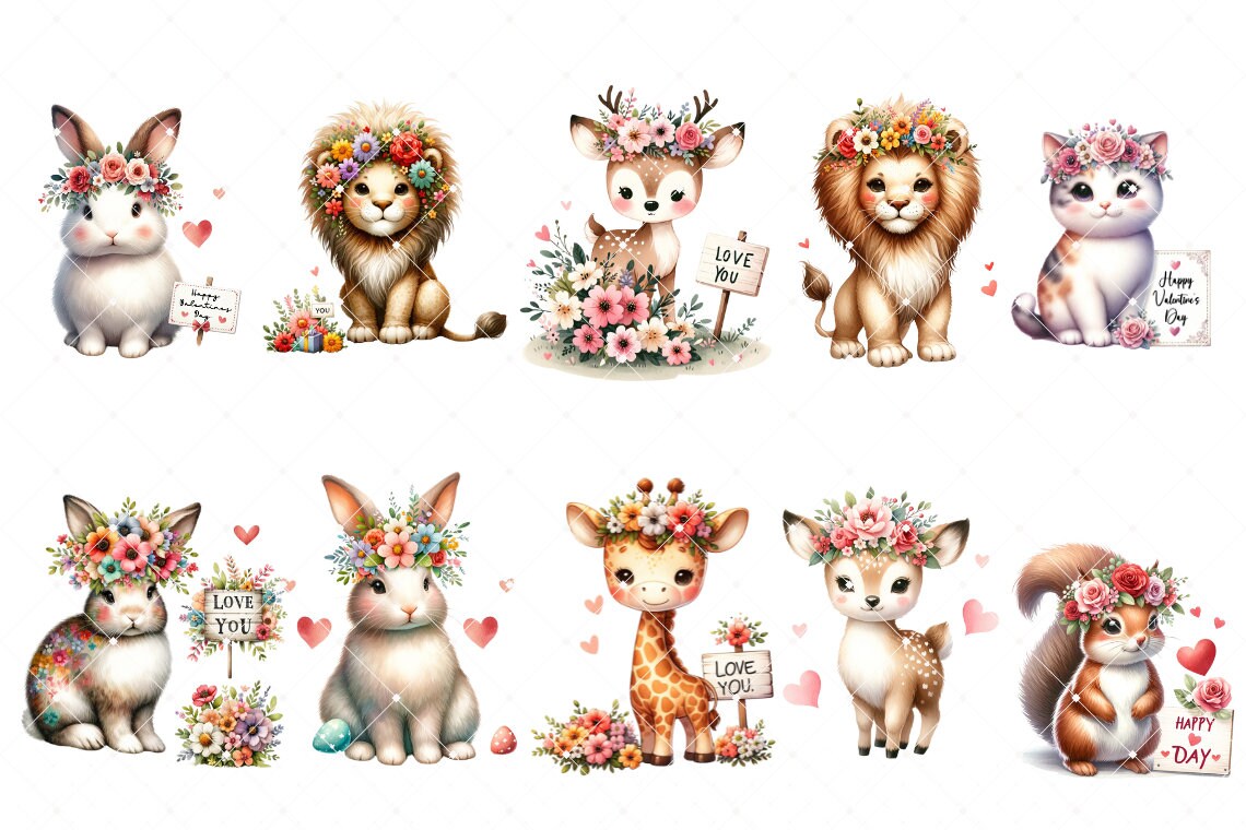 Watercolor Cute Animal Clipart, 20 PNG Valentines Day Clipart, Romantic ...