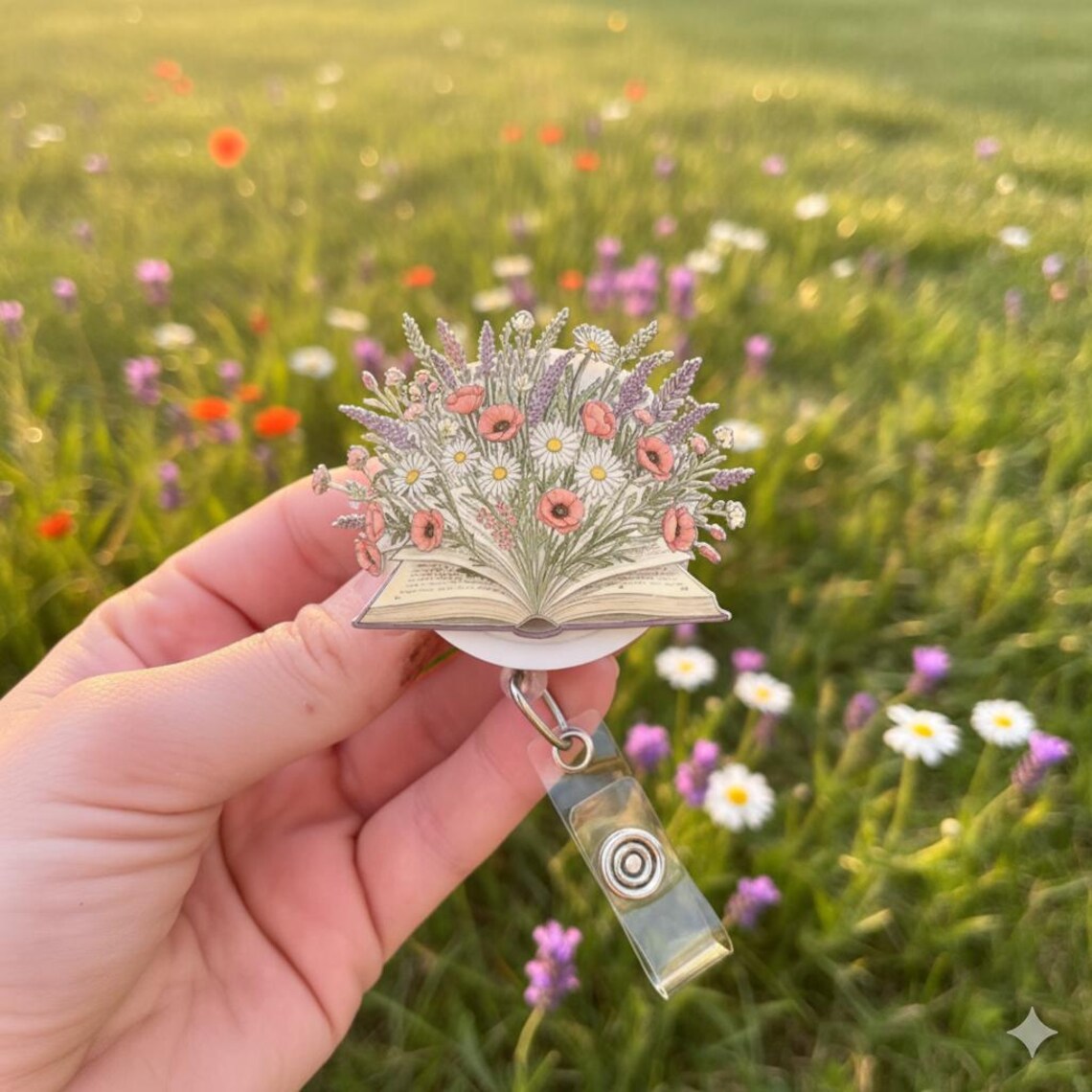 Book Flower Badge Reel – Retractable ID Holder for Book Lovers ...