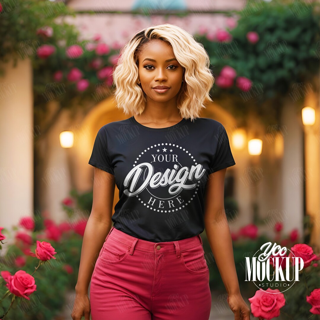 Gildan 64000 Mockup Black Tshirt Mockup Bundle, American African Woman ...