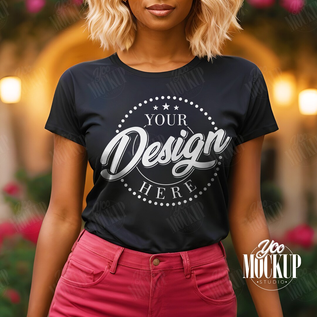 Gildan 64000 Mockup Black Tshirt Mockup Bundle, American African Woman ...