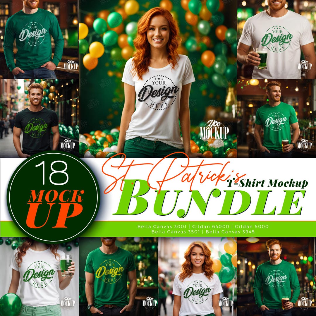 St Patrick's Day Mockup Bundle, Irish Green Tshirt Mockup, Gildan 64000 ...