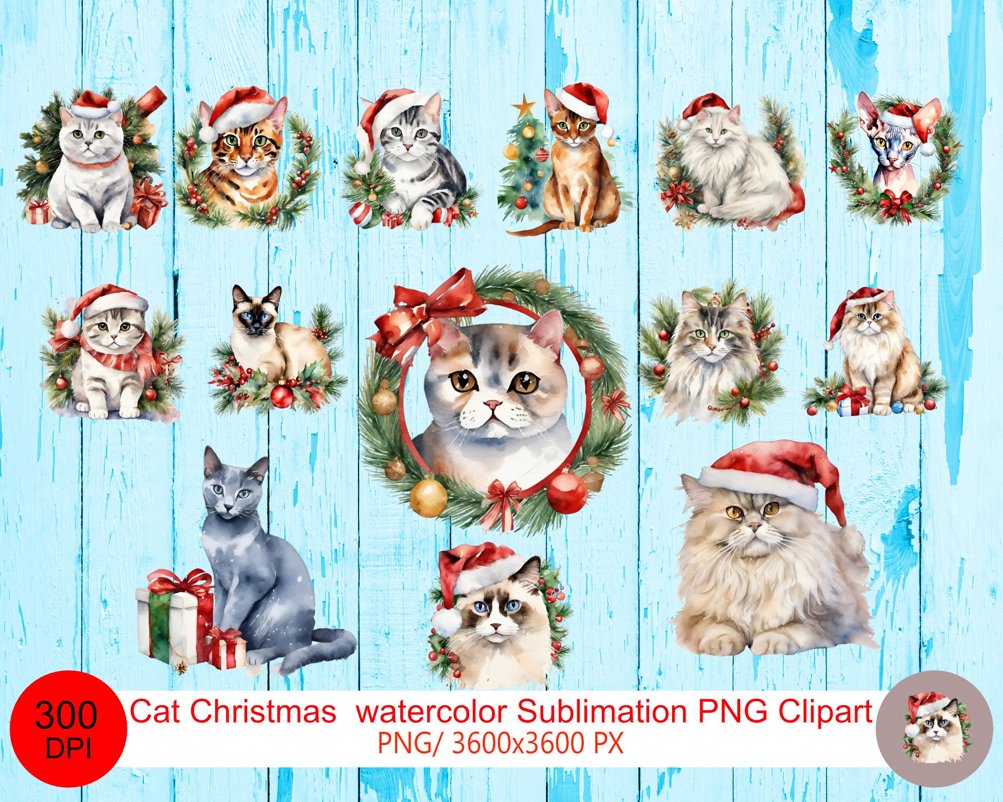 Christmas Cats Watercolor Clipart Bundle Festive Cozy Cat Images ...