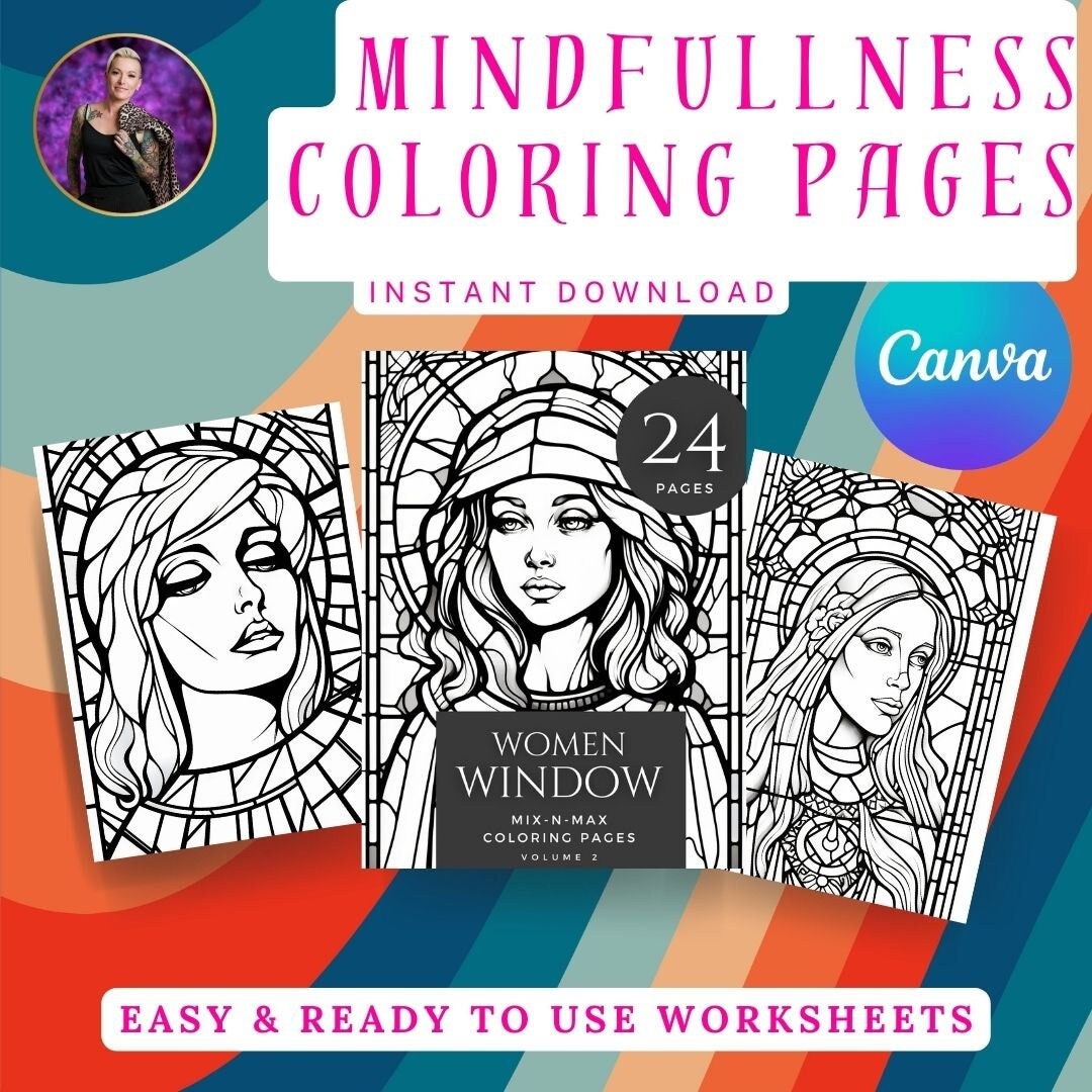 Stained Glass Ladies Coloring Pages Set, Mindfulness Activity, Adult ...