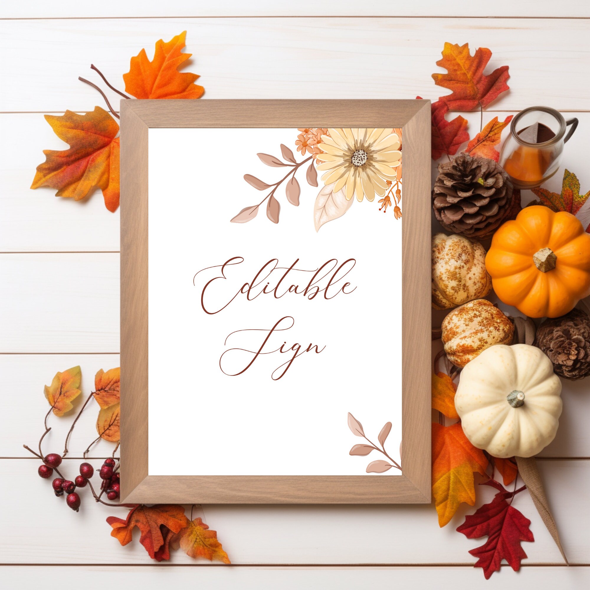 Editable Thanksgiving Sign Template, Fall Party Sign, Floral Fall ...