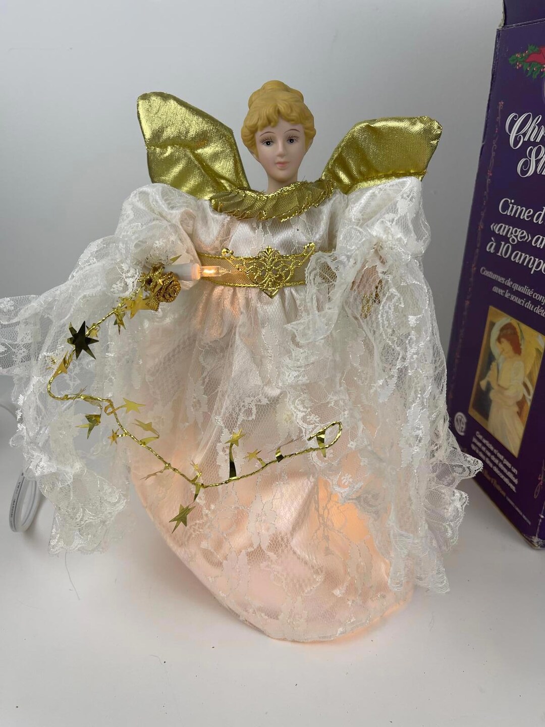 Vintage MCM Christmas Angel Tree Topper in Lace Dress With Lights and ...