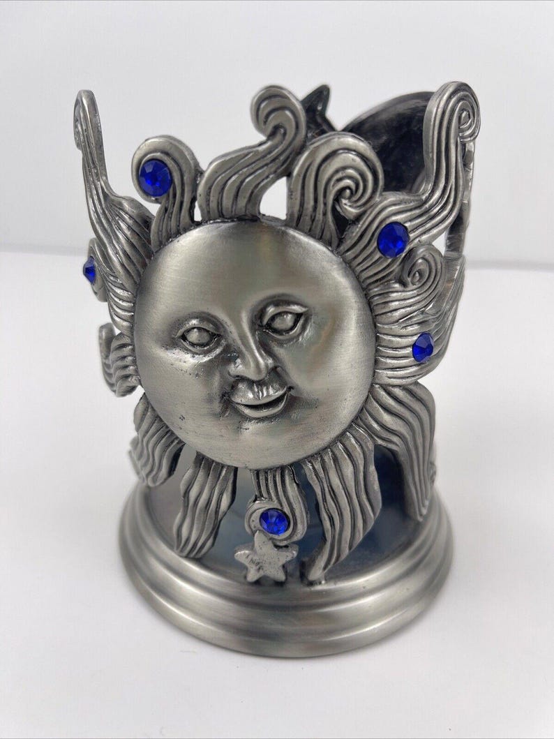 Pewter Celestially Sun Moon Cobalt Blue Rhinestone Candle Holder Vtg - Etsy
