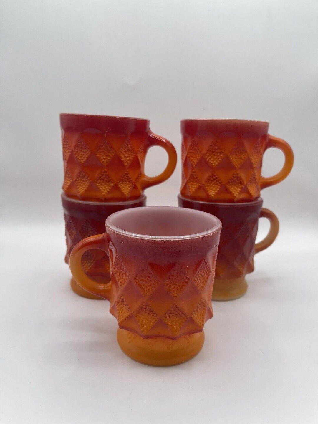 VTG Anchor Hocking Orange Fire King Kimberly Mugs Diamond Pattern Set ...