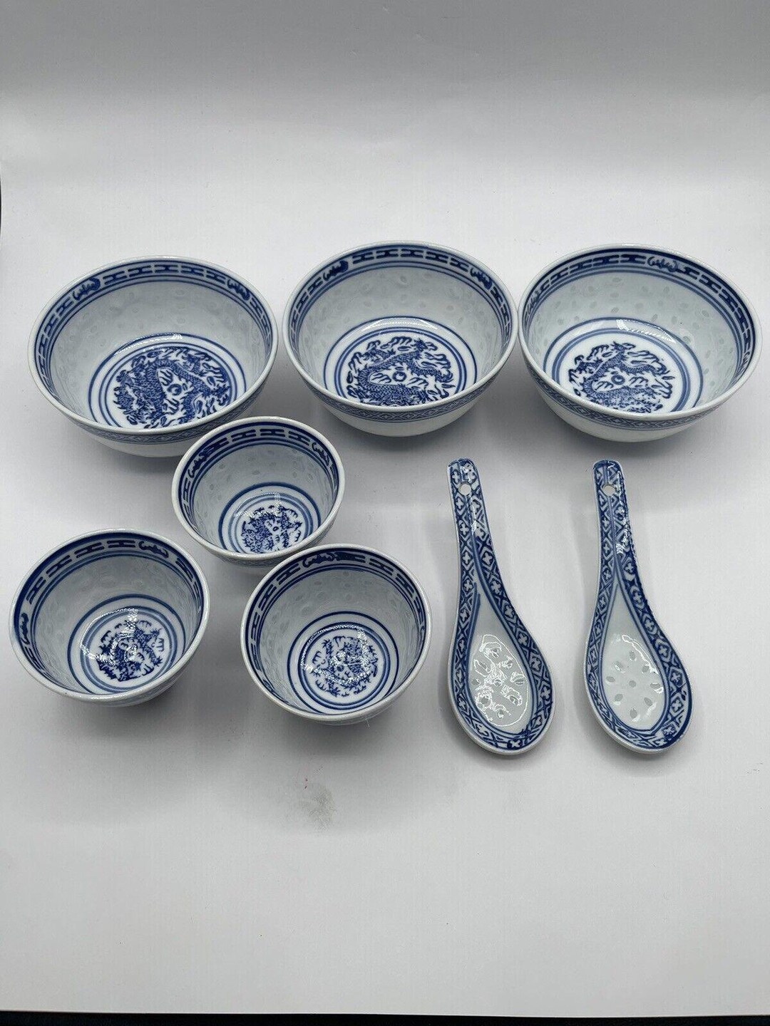 Chinese Rice Eyes Blue Dragon Rice/soup Bowls 3spoons 2 Bonsi Bowls 3 ...