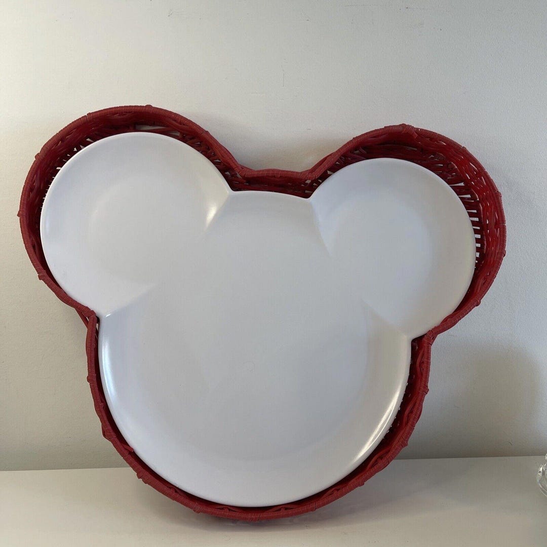 Walt Disney World Mickey Mouse Red Rattan Wicker Basket Tray WITH Plate ...