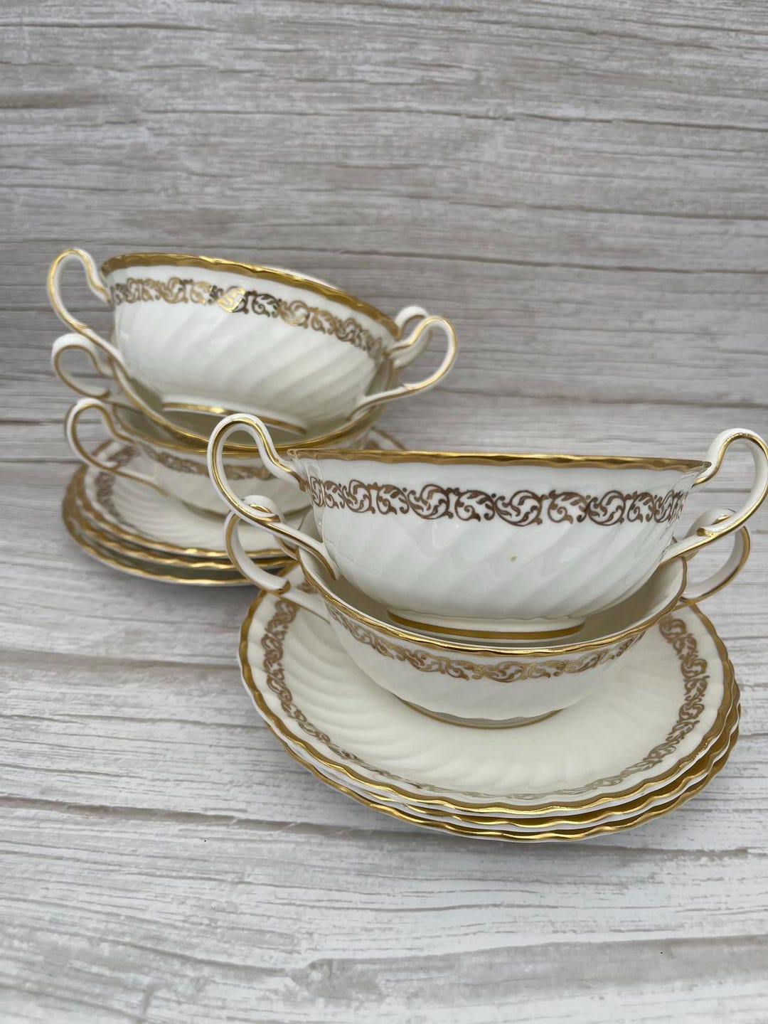 Vintage EB Foley 1850 Bone China White Gold 5X Cream Soup & 6X Saucer ...