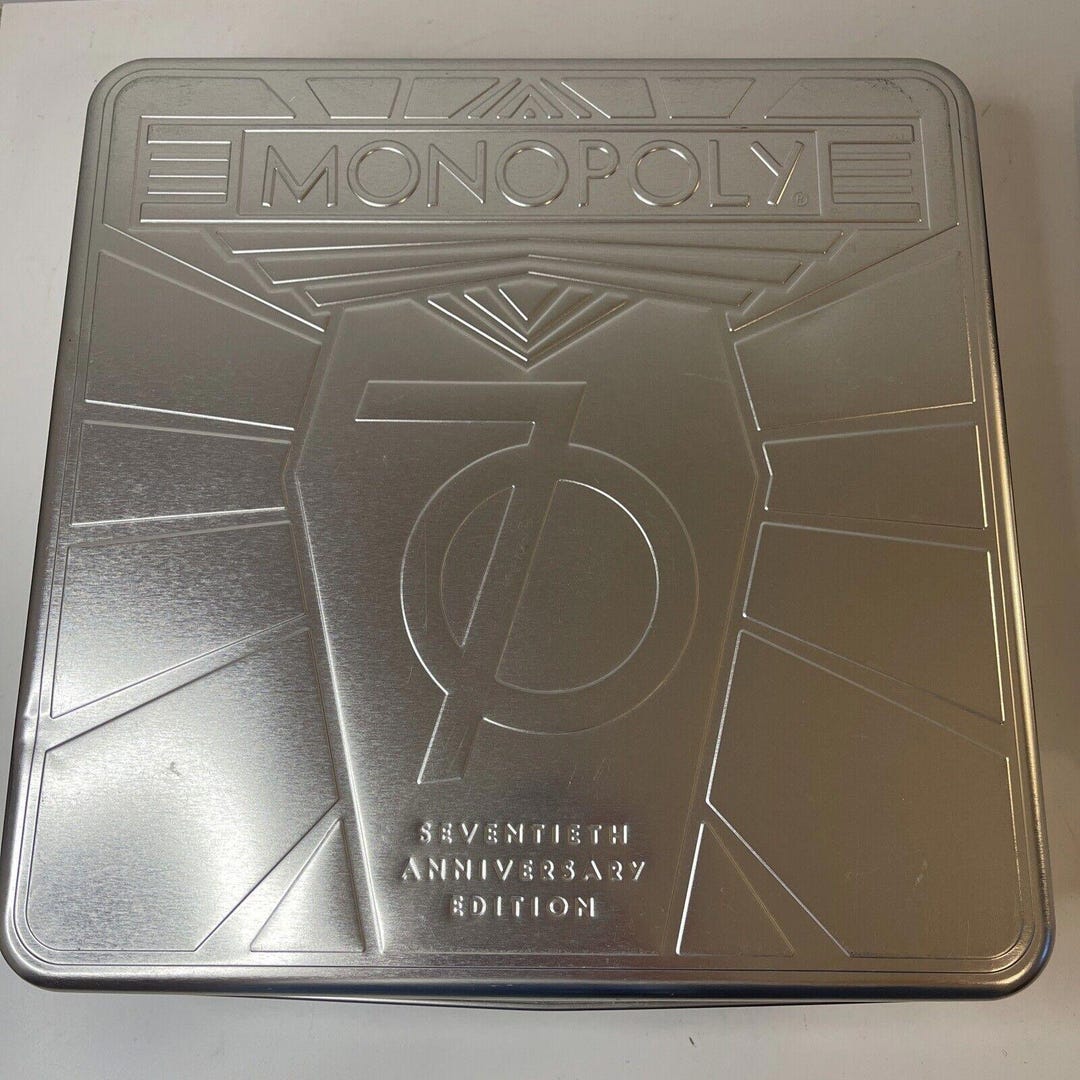 Monopoly Game 70th Anniversary Edition Parker Brothers Silver Tin Box ...