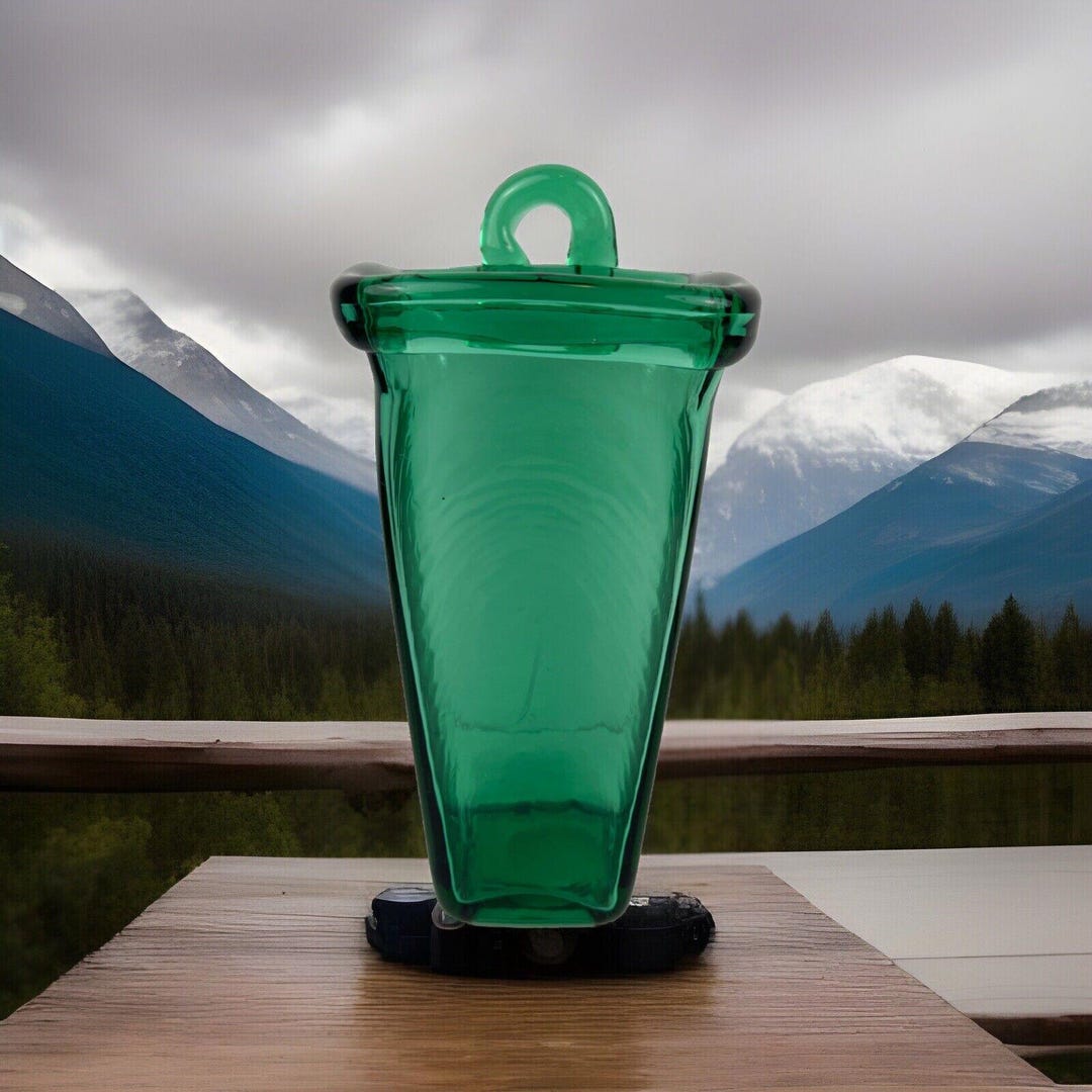 9.5” Hand Blown Green Blenko? Heavy Square Base Vase /wall Pocket With ...