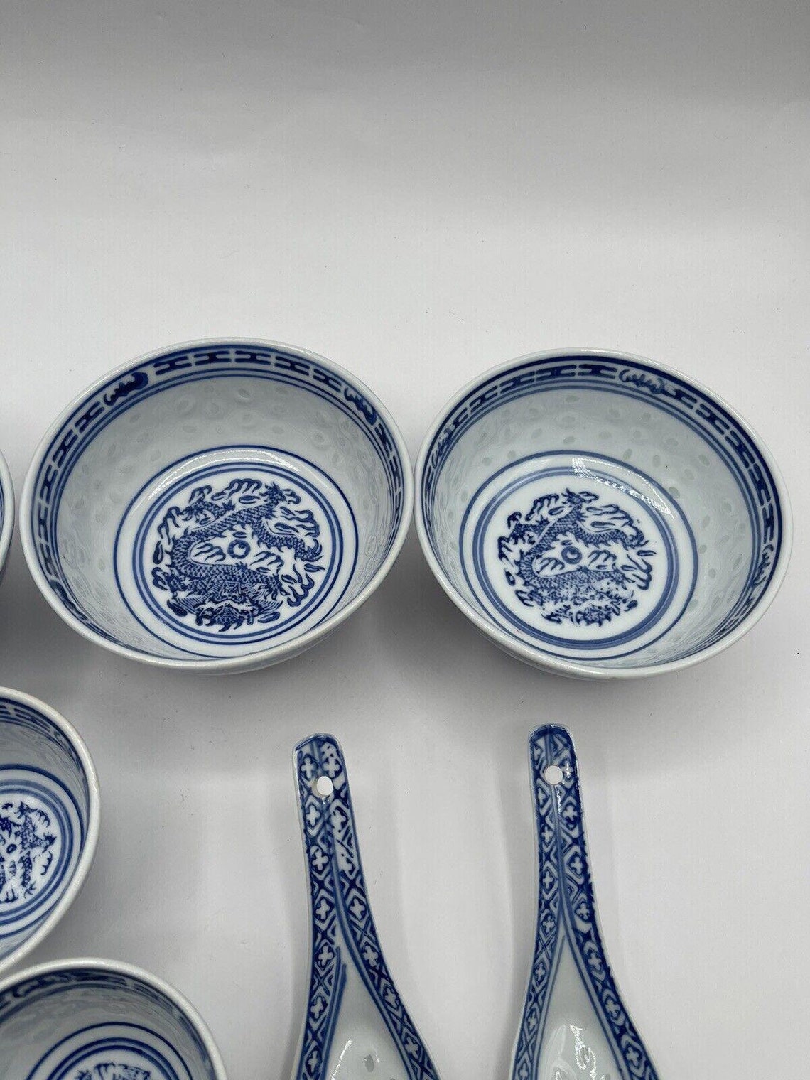 Chinese Rice Eyes Blue Dragon Rice/soup Bowls 3spoons 2 Bonsi Bowls 3 ...