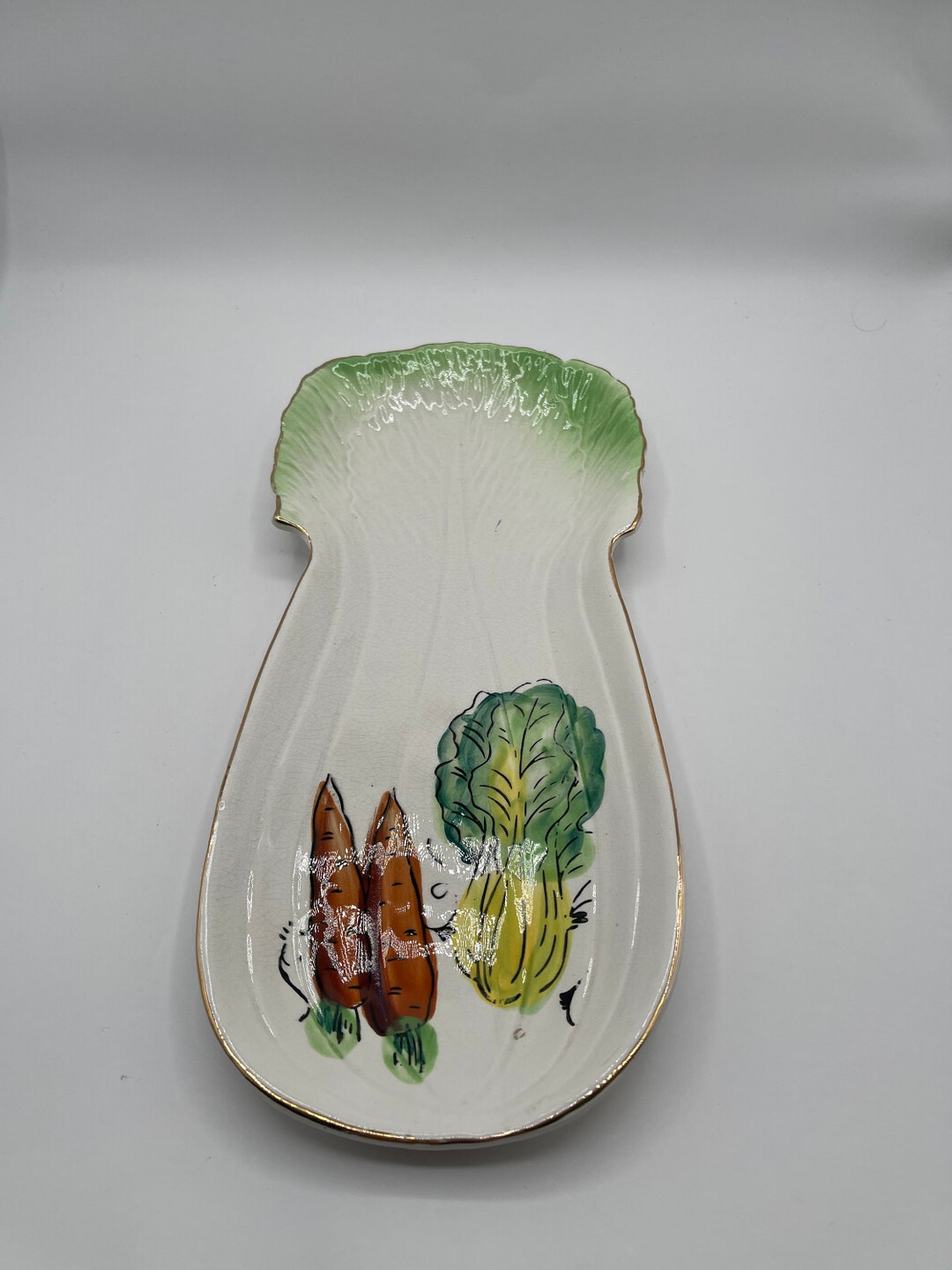 Vintage Lettuce Leaf Shaped Serving Platter With Gold Trim Ceramic Hand ...