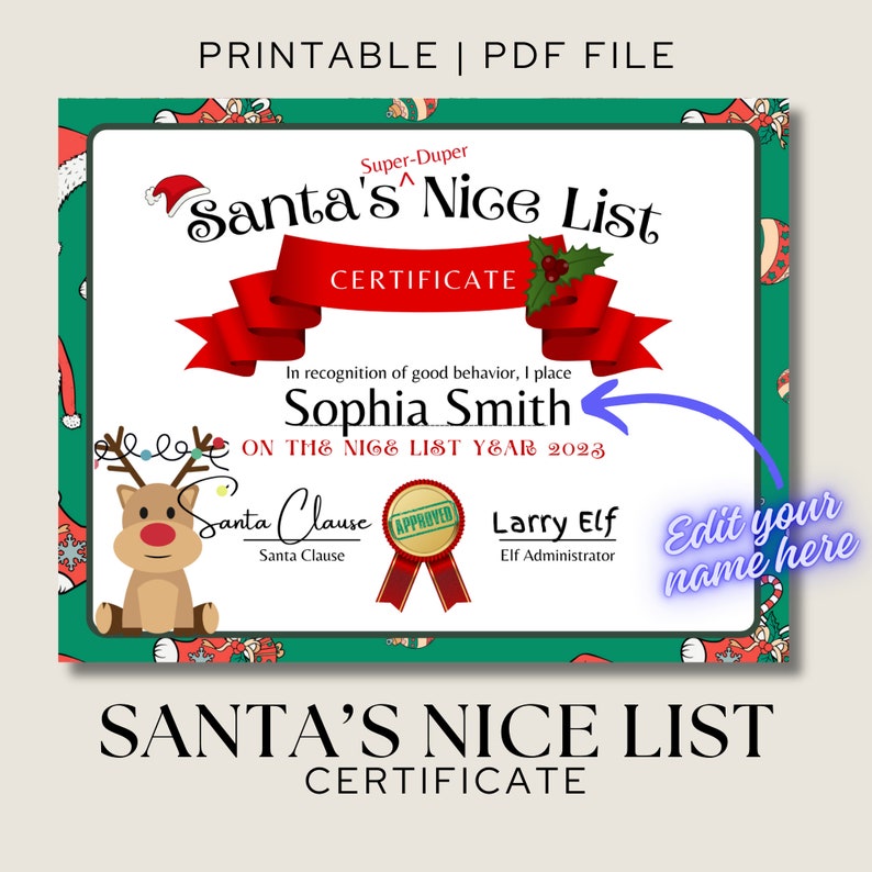 Santa Nice List Certificate Santa Nice List Certificate Printable Santa ...