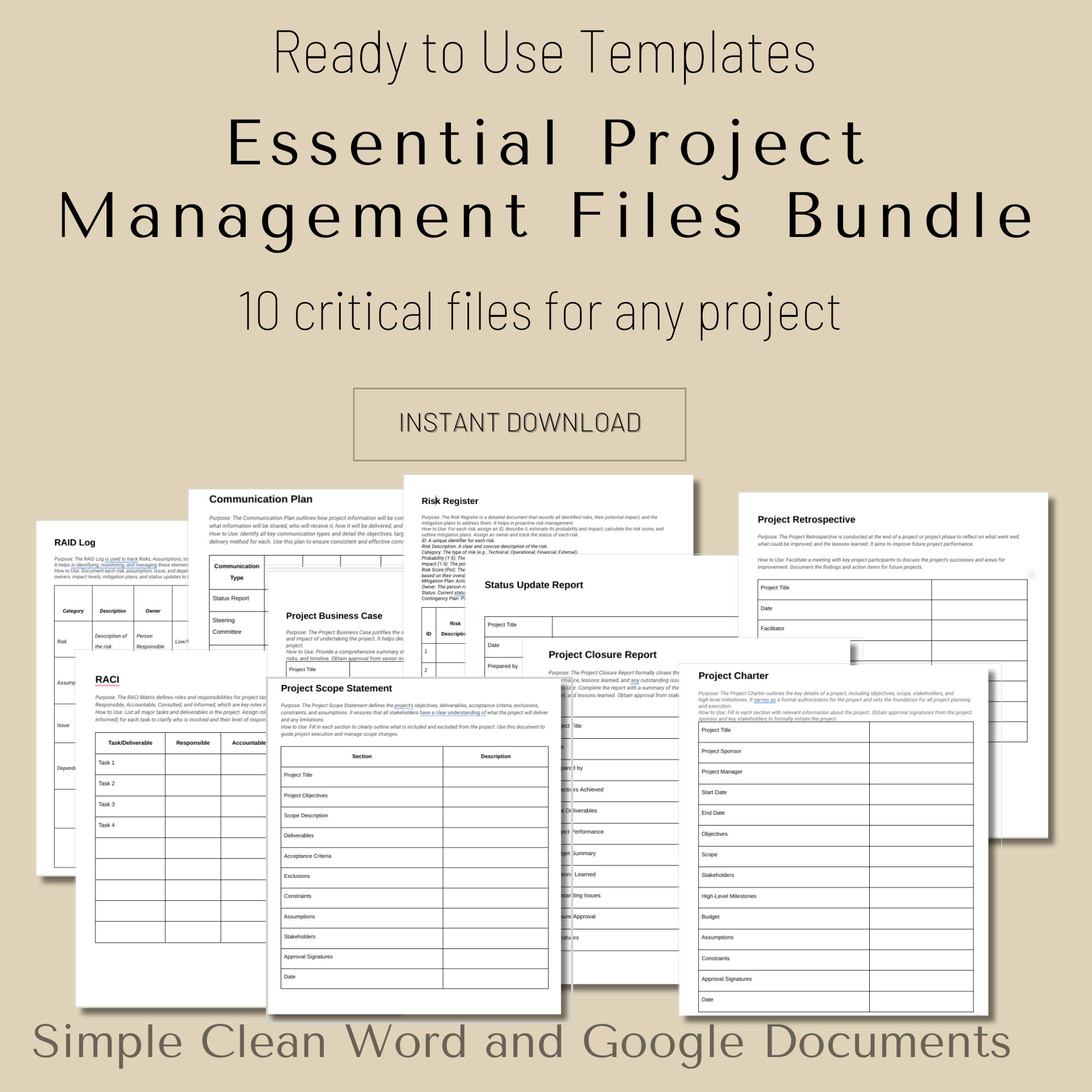 Essential Project Management Templates Bundle 10 Editable Templates