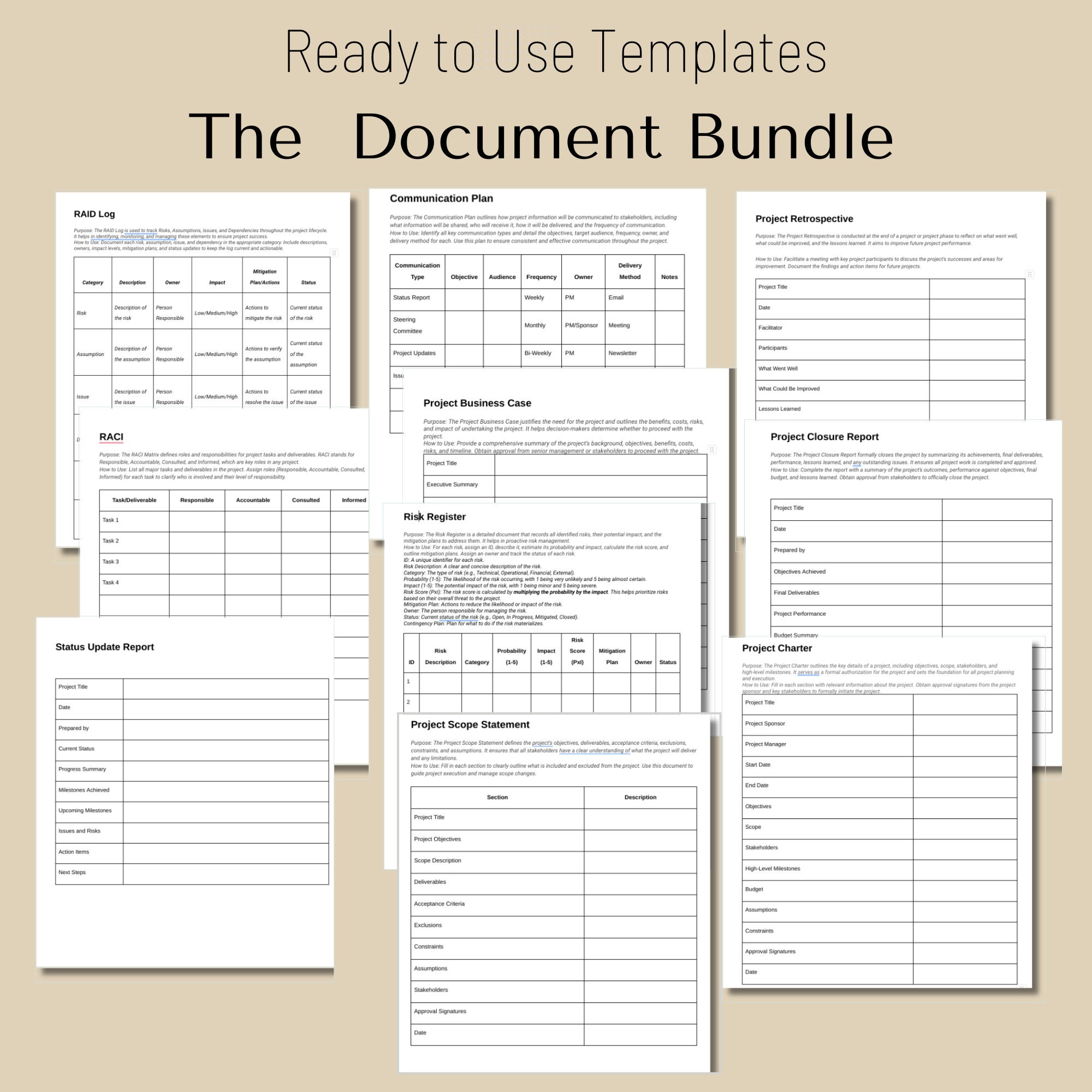 Essential Project Management Templates Bundle 10 Editable Templates