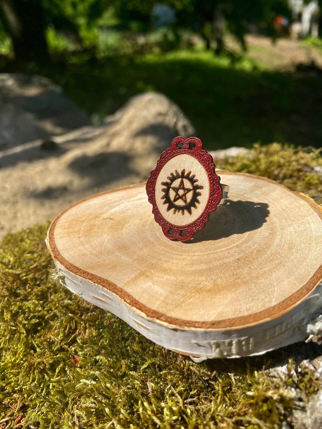 Sunburst Pentacle Ring Wooden Fantasy Paranormal Jewellery Wiccan Gift ...