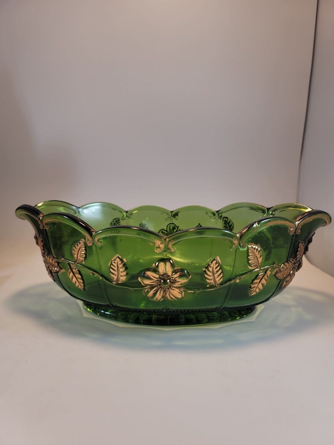 Eapg Northwood Art Glass Emerald Green Golden Rose Pattern Console Bowl ...